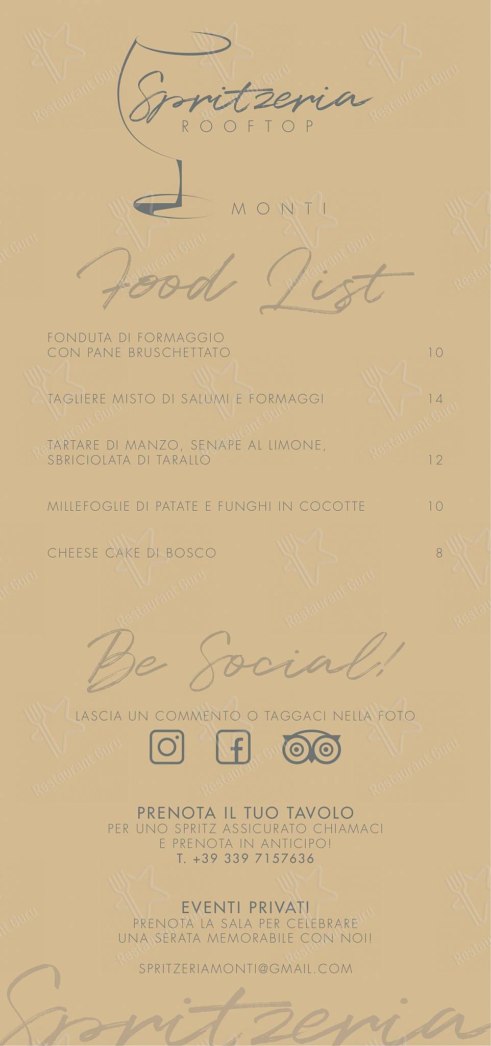 Menu au Rooftop Spritzeria Monti pub et bar, Rome