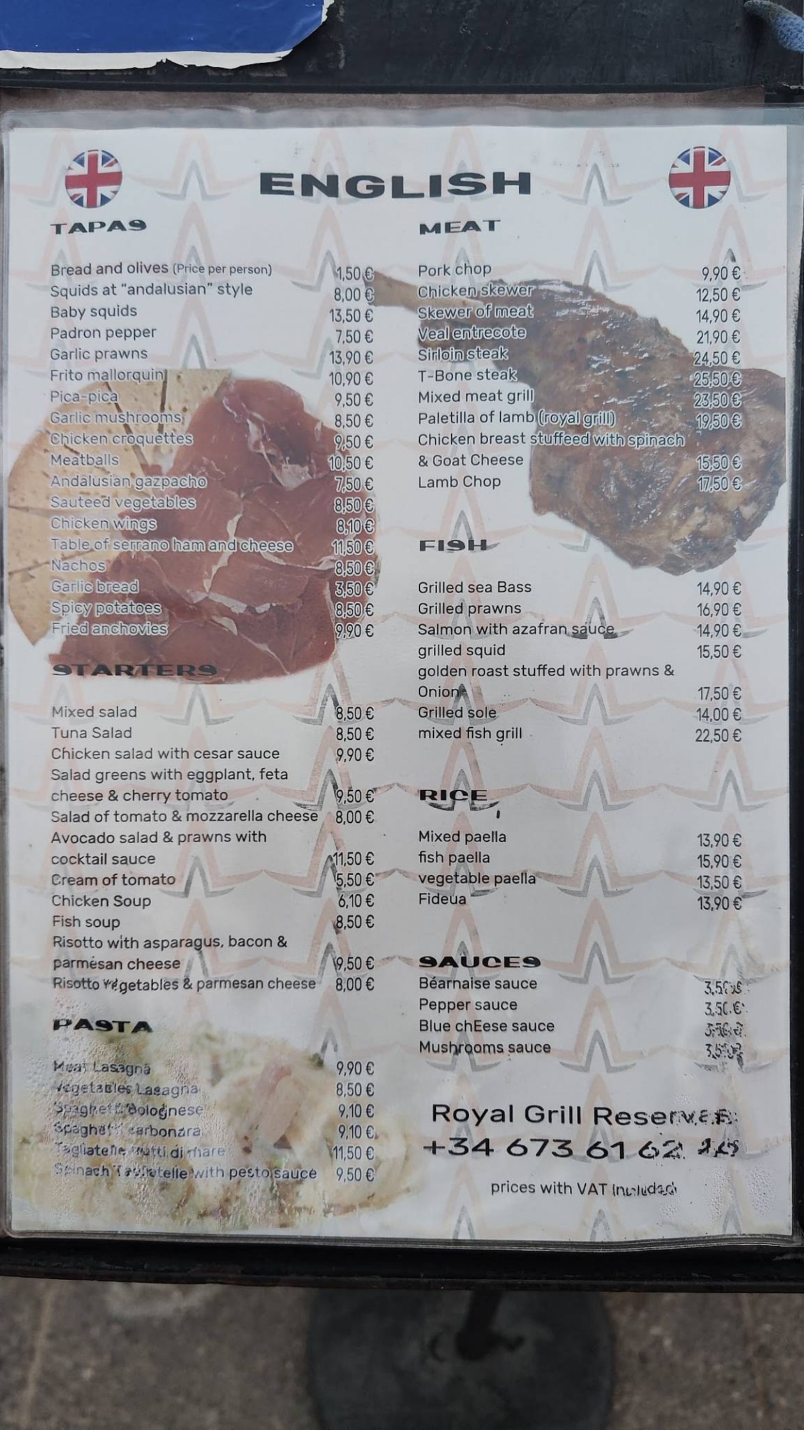 Menu at Royal Grill restaurant, Spain, Avinguda de s'Albufera