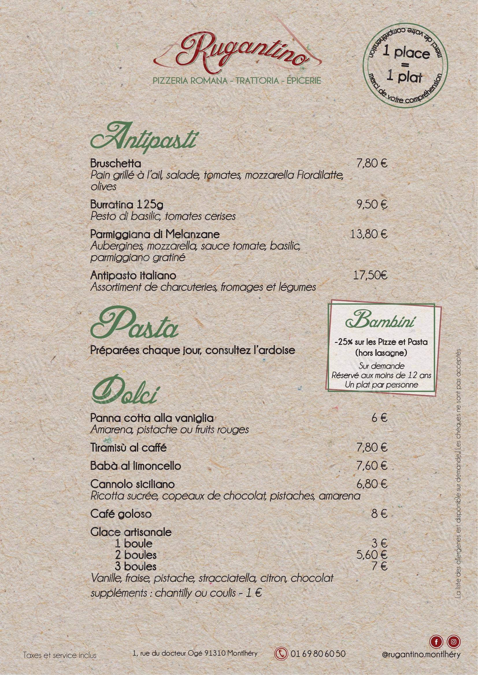 Menu au Rugantino restaurant, Montlhéry