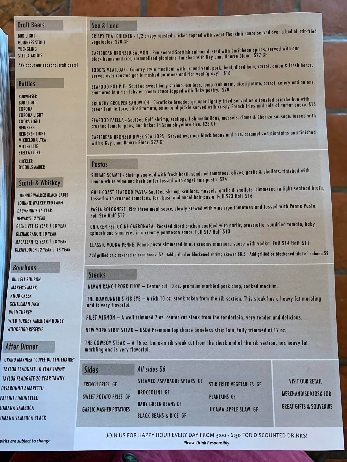 Menu at Rumrunners steakhouse, Cape Coral, Cape Harbour Dr