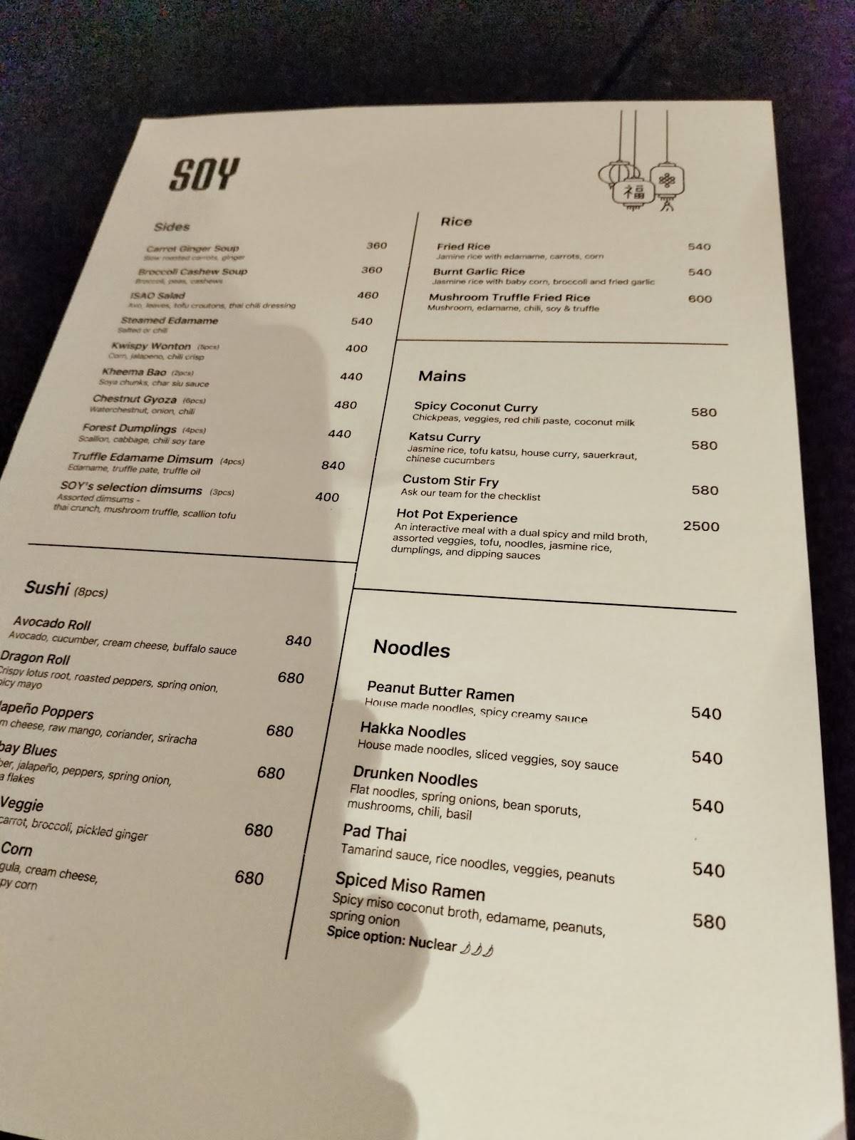 Menu at SOY, Surat