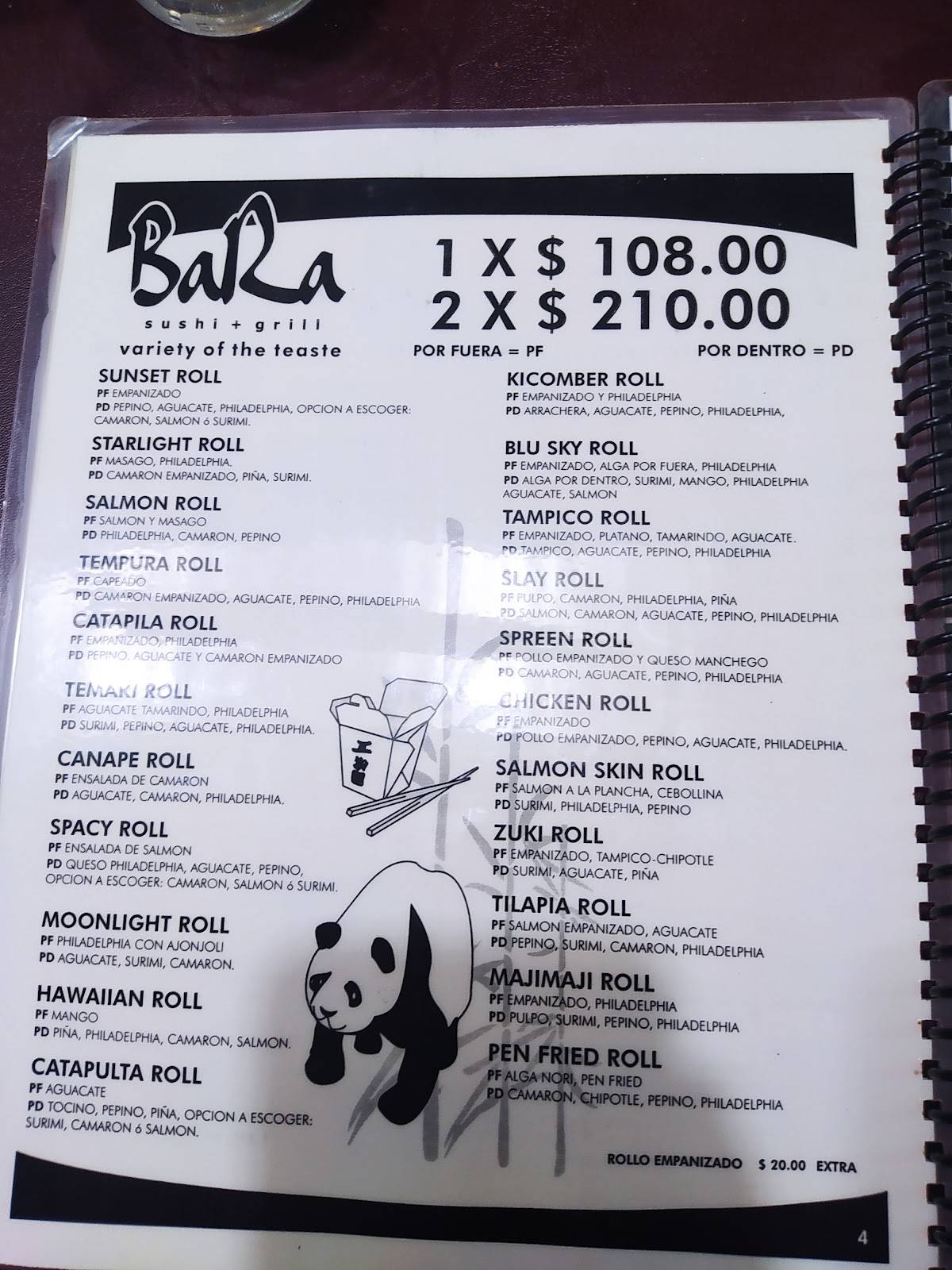 Carta de SUSHI BaRa GRILL, Merida, Calle 21 281