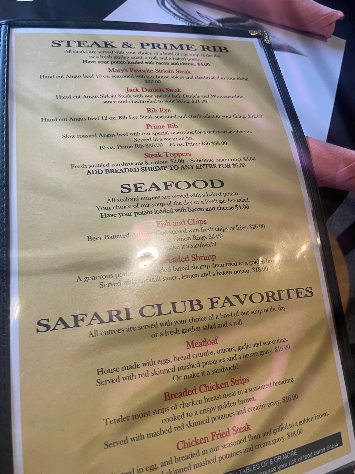 Menu at Safari Club, Thermopolis