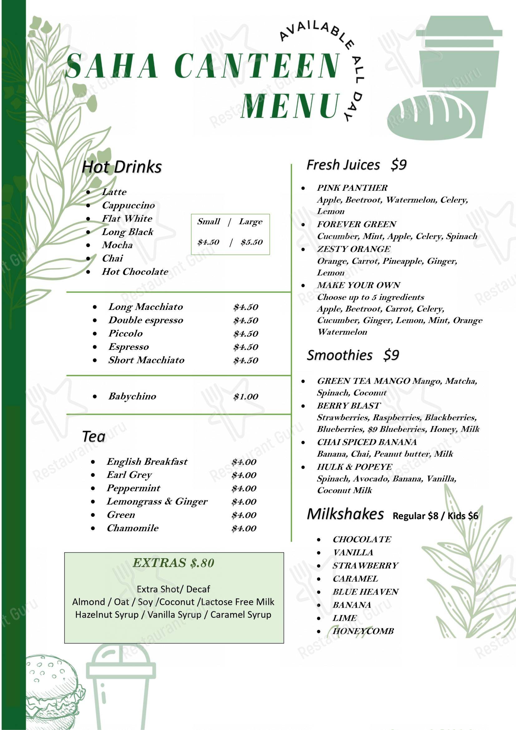 Carta del café Saha Canteen, East Geelong