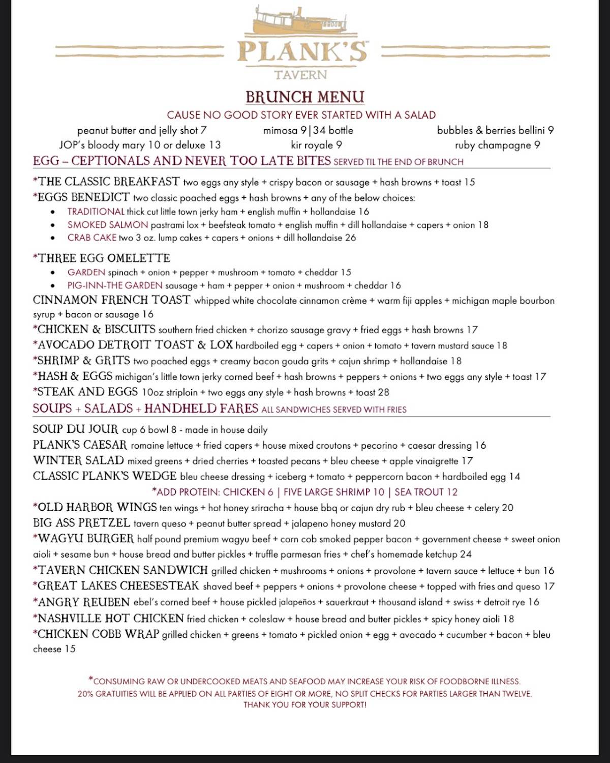 Menu at Plank's Tavern on the Water pub & bar, Saint Joseph