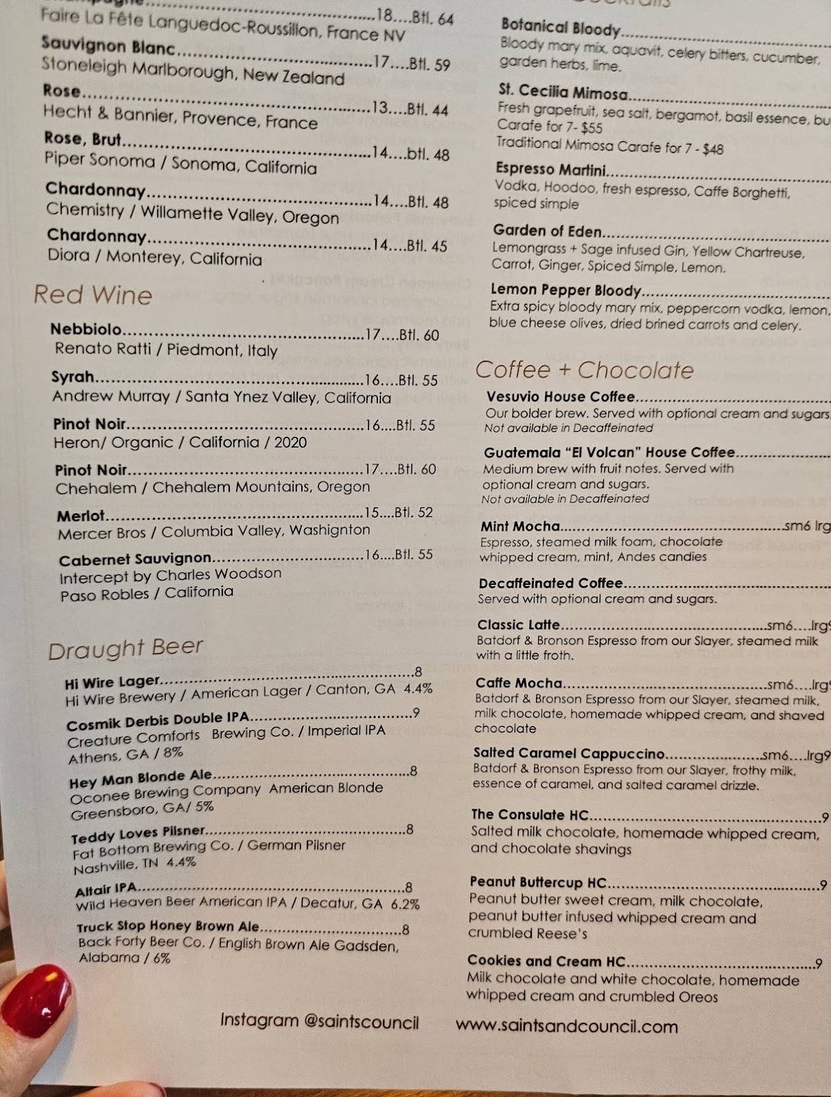 Menu at Saints + Council pub & bar, Atlanta