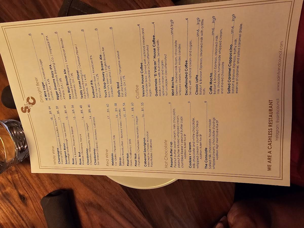 Menu at Saints + Council pub & bar, Atlanta