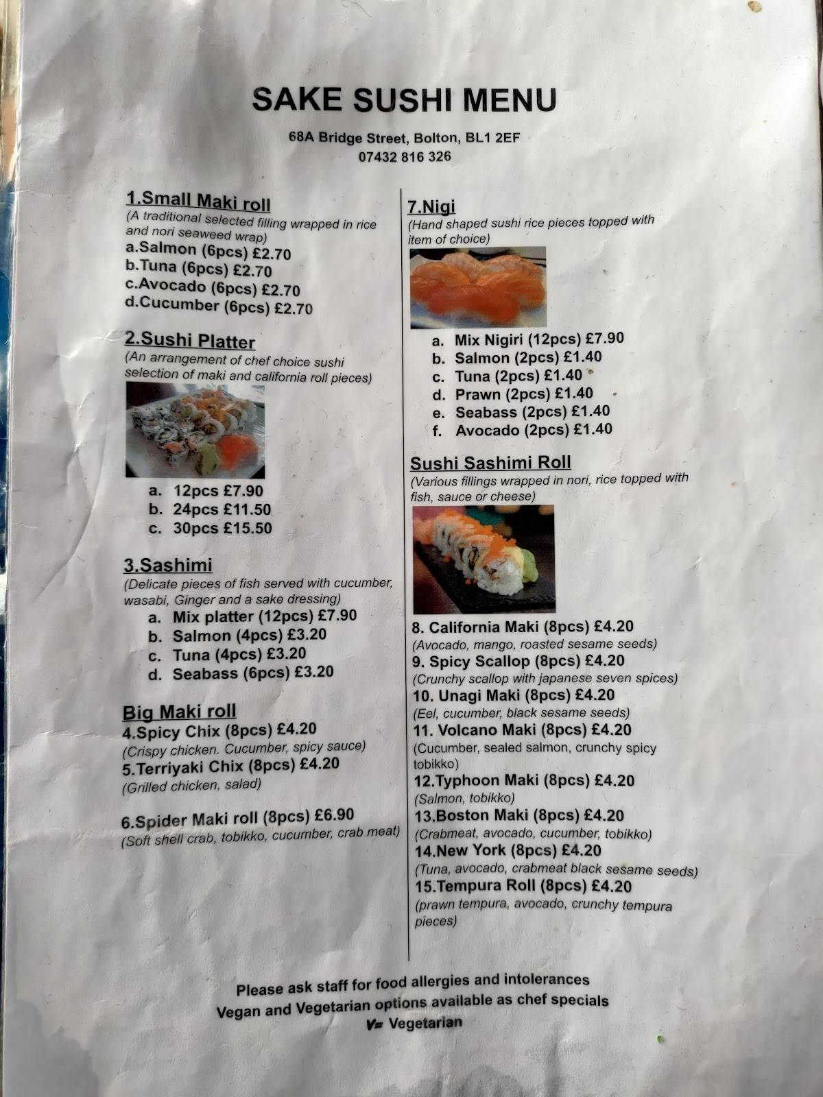 Menu at Sake sushi bolton restaurant, Bolton