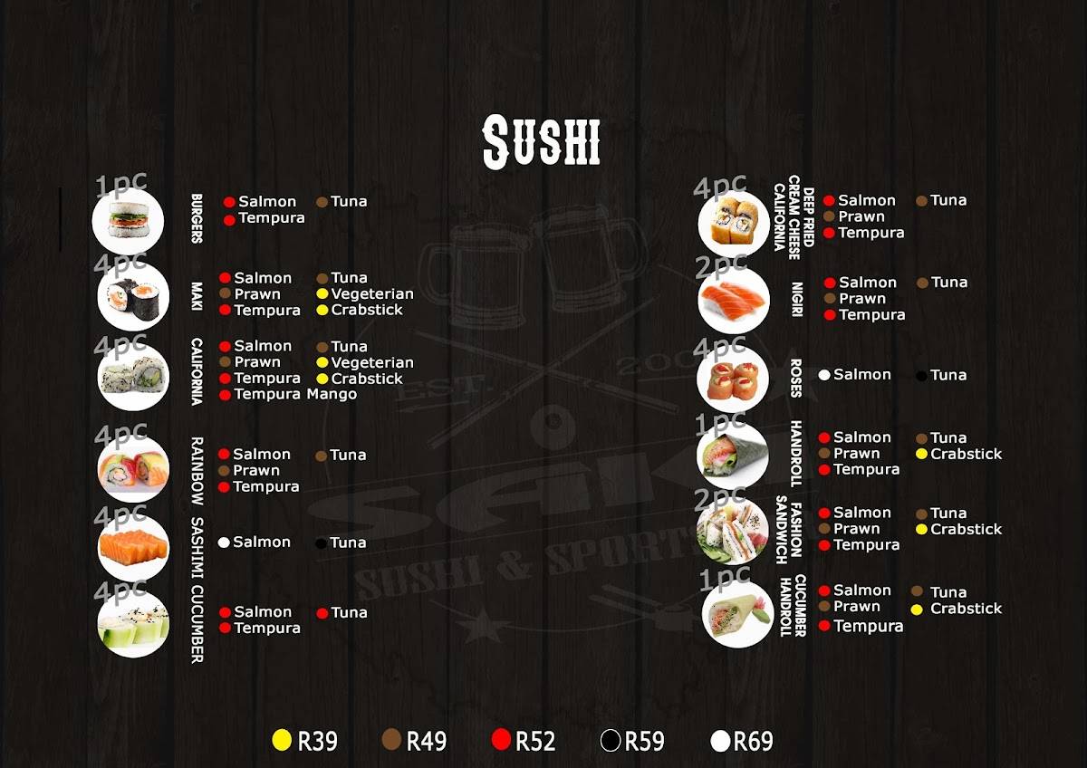Menu at Saki pub & bar, Pietermaritzburg