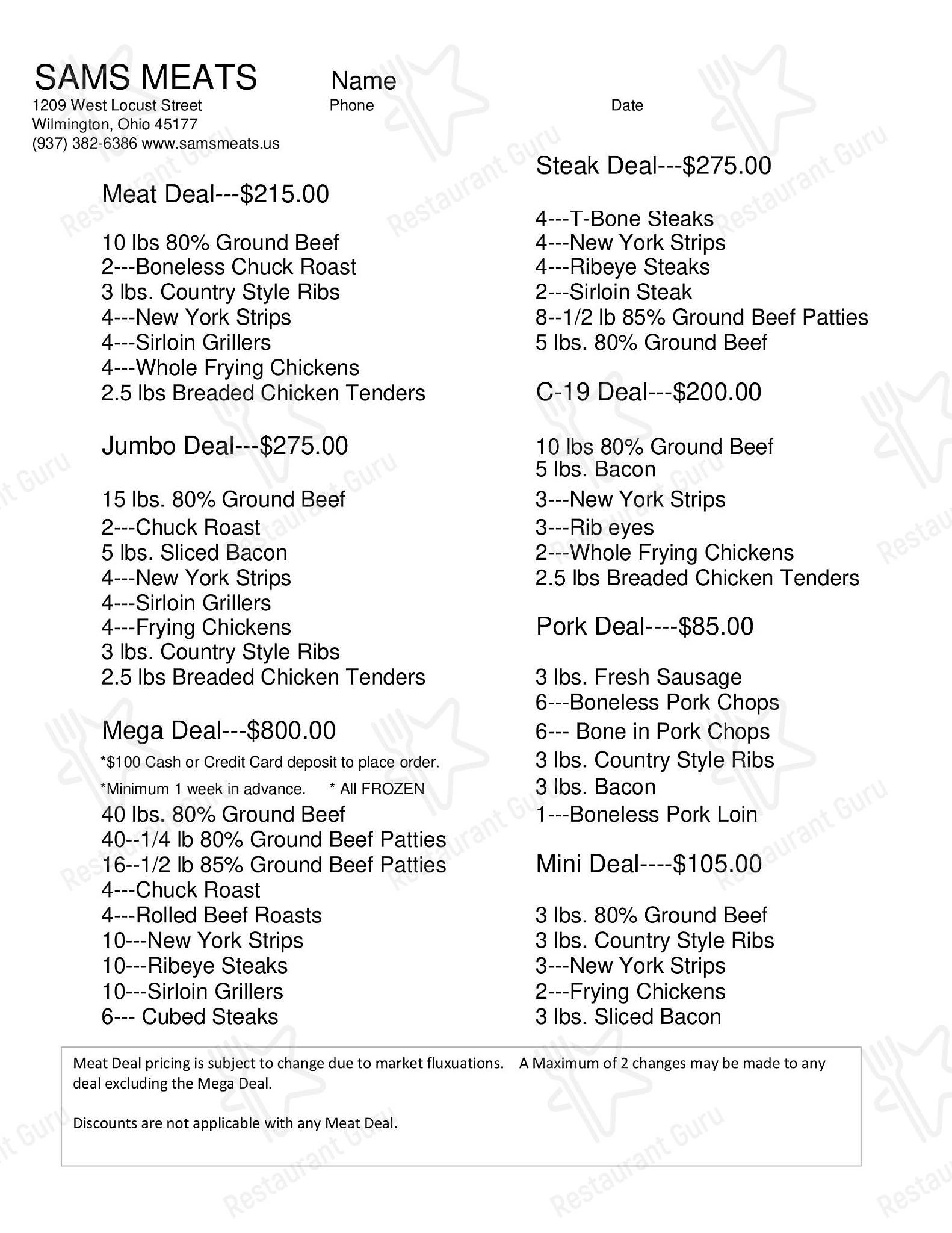 Menu at Sams Meats & Deli restaurant, Wilmington