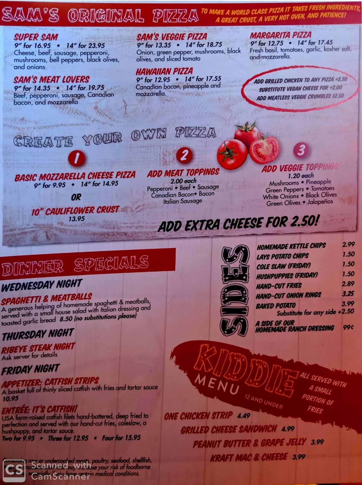 Menu at Sam's Pizza Pub, Hot Springs