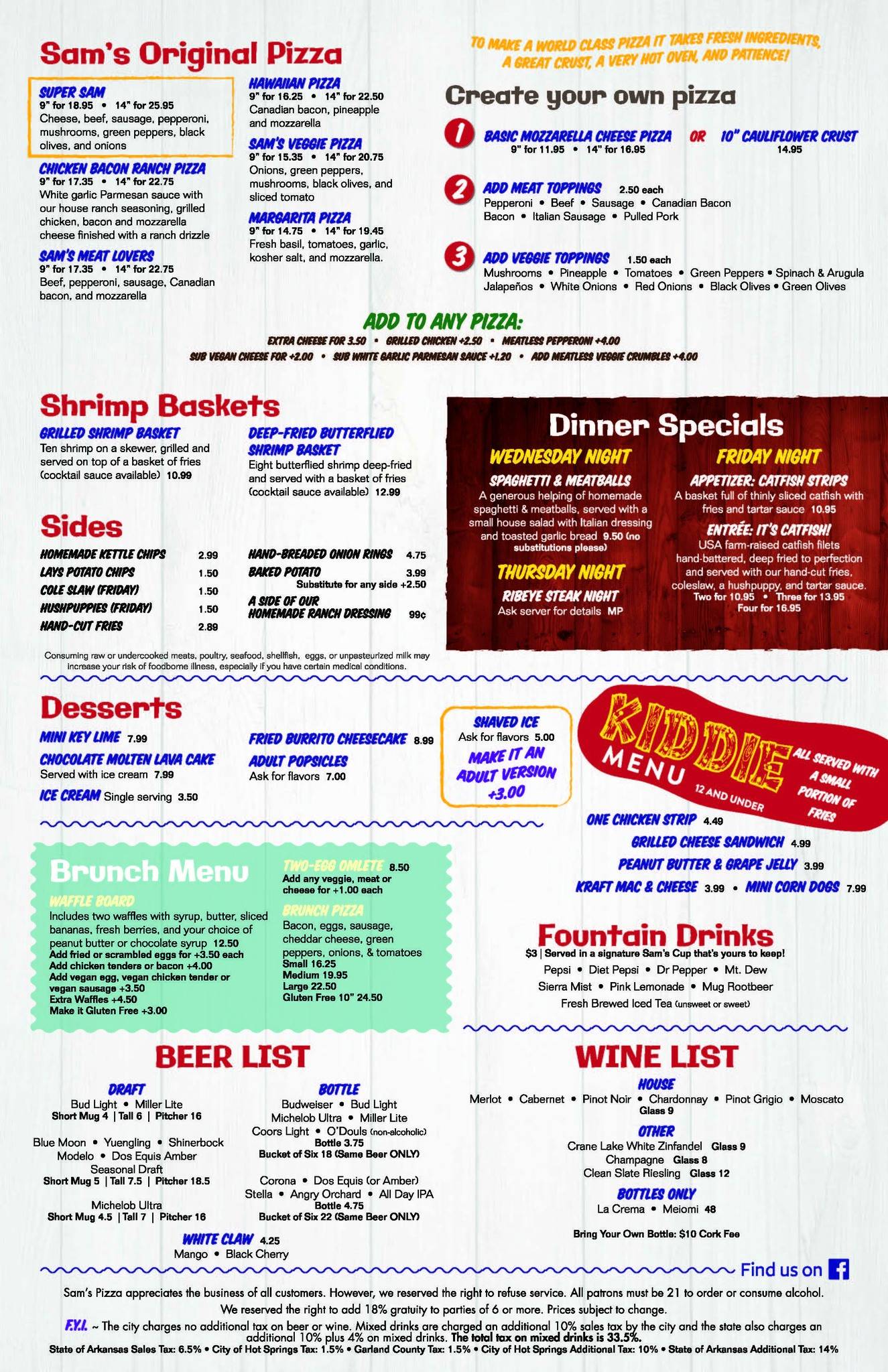 Menu at Sam's Pizza Pub, Hot Springs