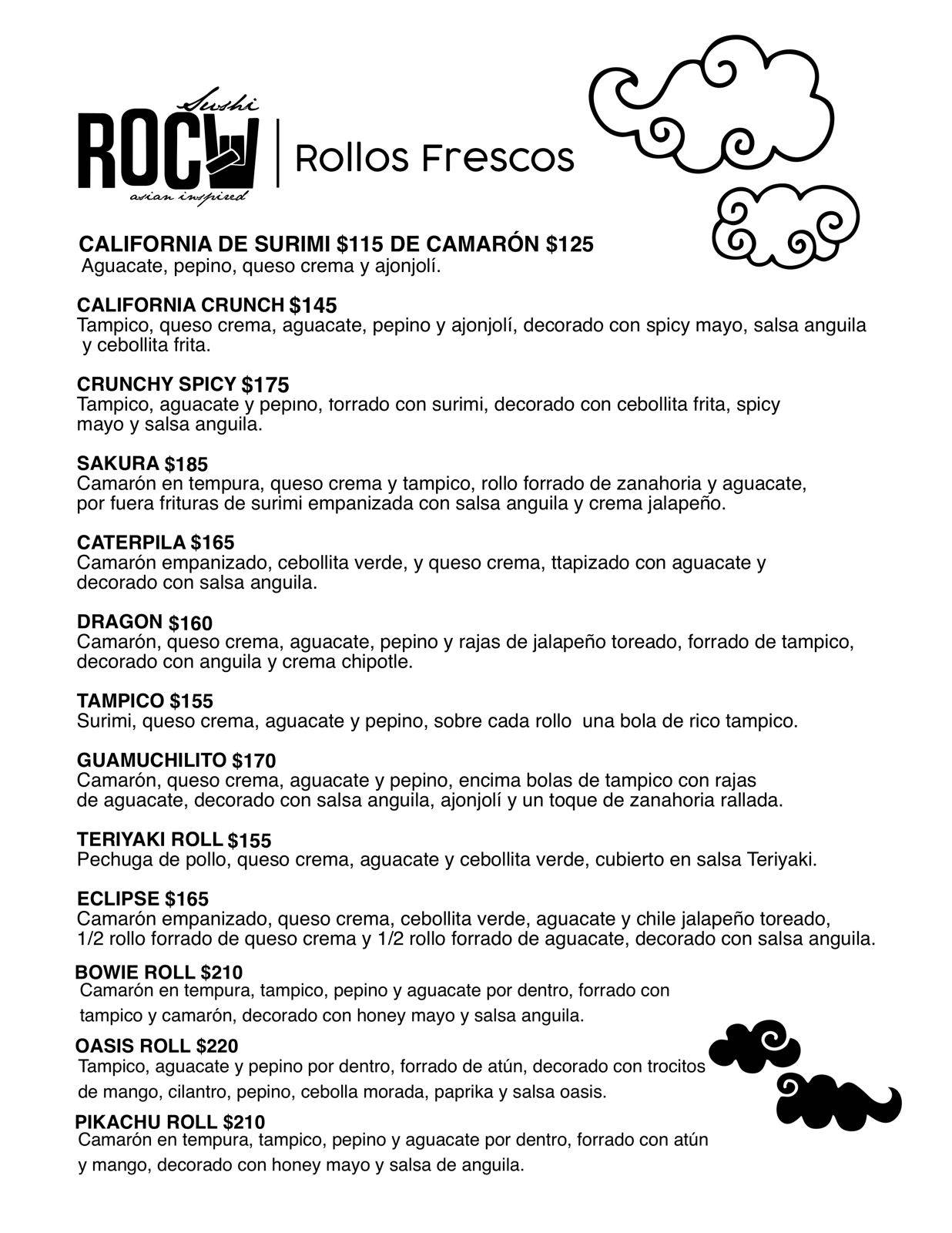 Menu at Sushi Rock restaurant, San Luis Río Colorado