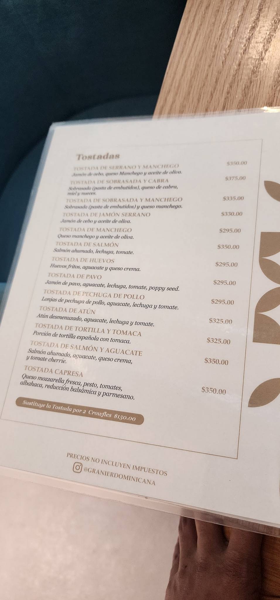 Menu at Granier restaurant, Santo Domingo