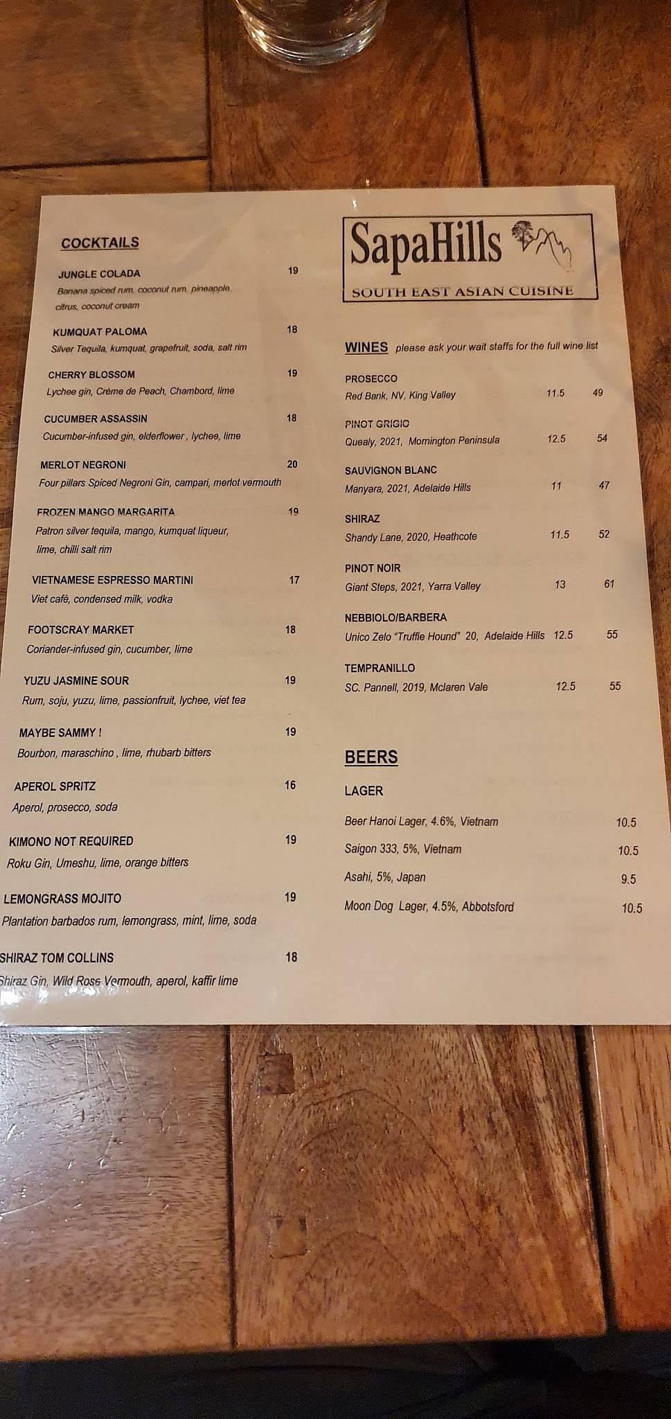 Menu at Sapa Sister restaurant, Footscray