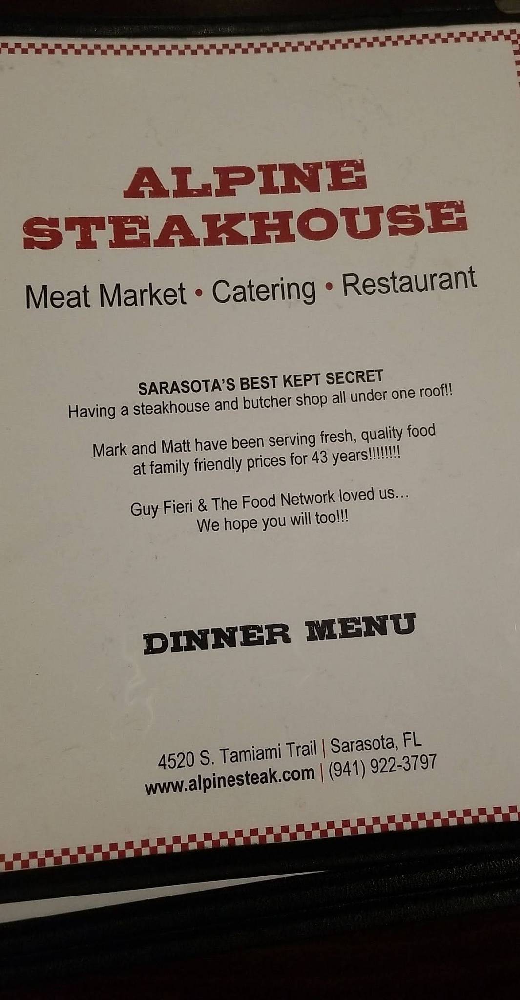 Menu at Alpine Steakhouse and Butcher Shop, Sarasota