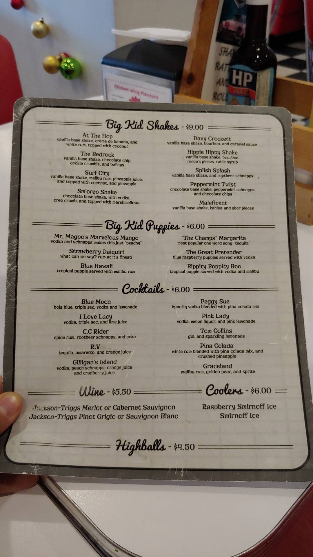 Menu at Pink Cadillac's Malt Shop and Lounge restaurant, Saskatoon
