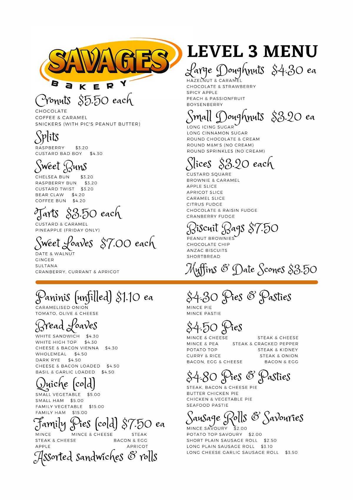 Menu at Savages Moana Street Bakery, Whanganui