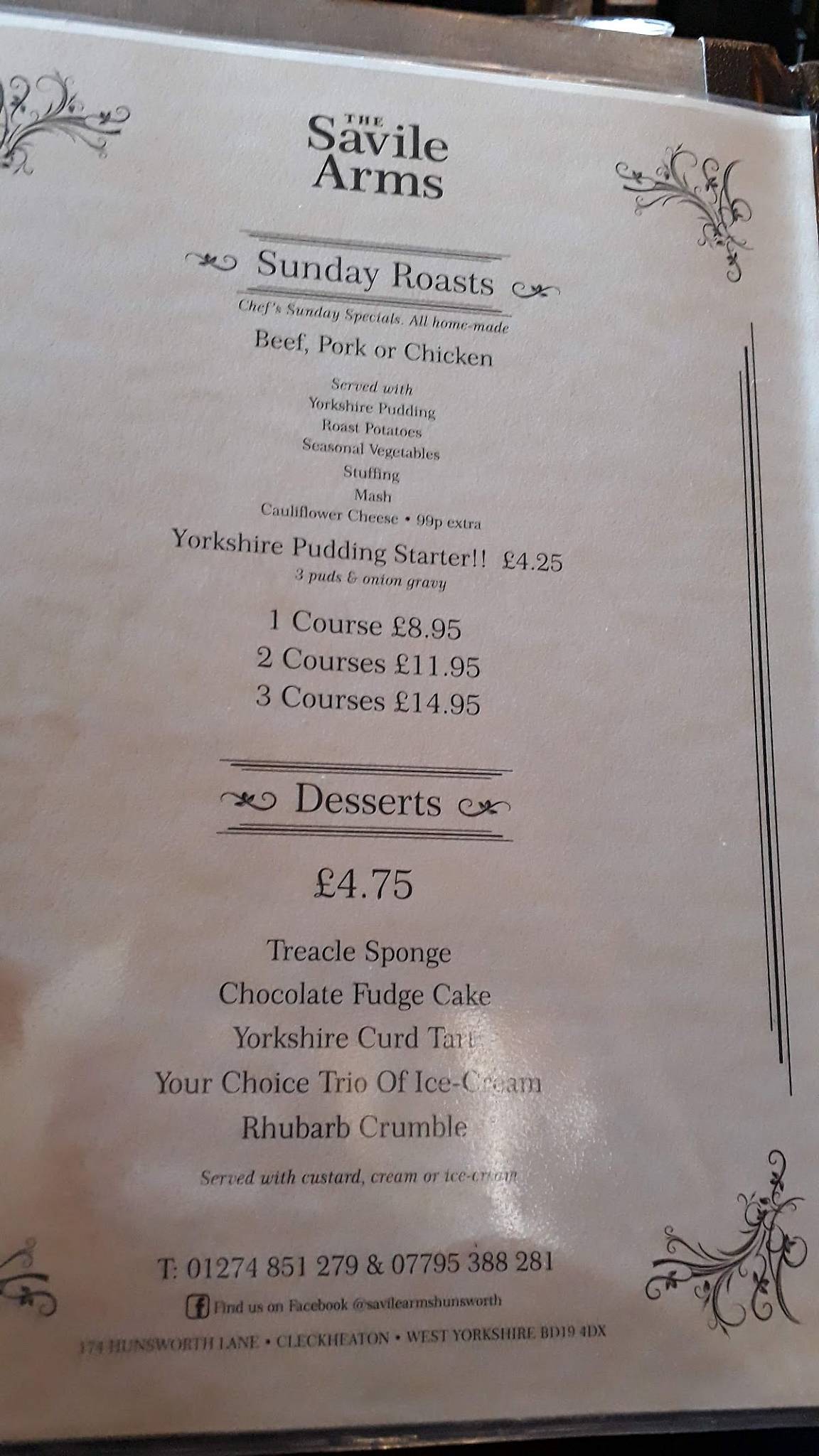 Menu at Savile Arms pub & bar, Cleckheaton