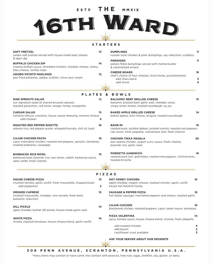 Menu at The 16th Ward pub & bar, Scranton