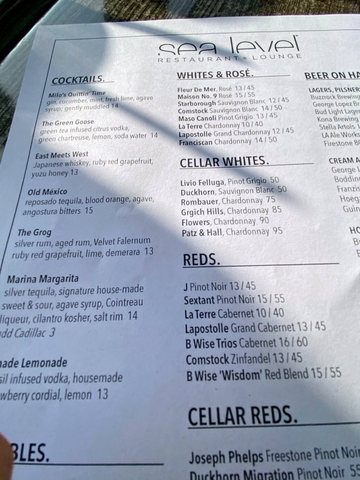 Menu at Sea Level Restaurant and Lounge, Redondo Beach