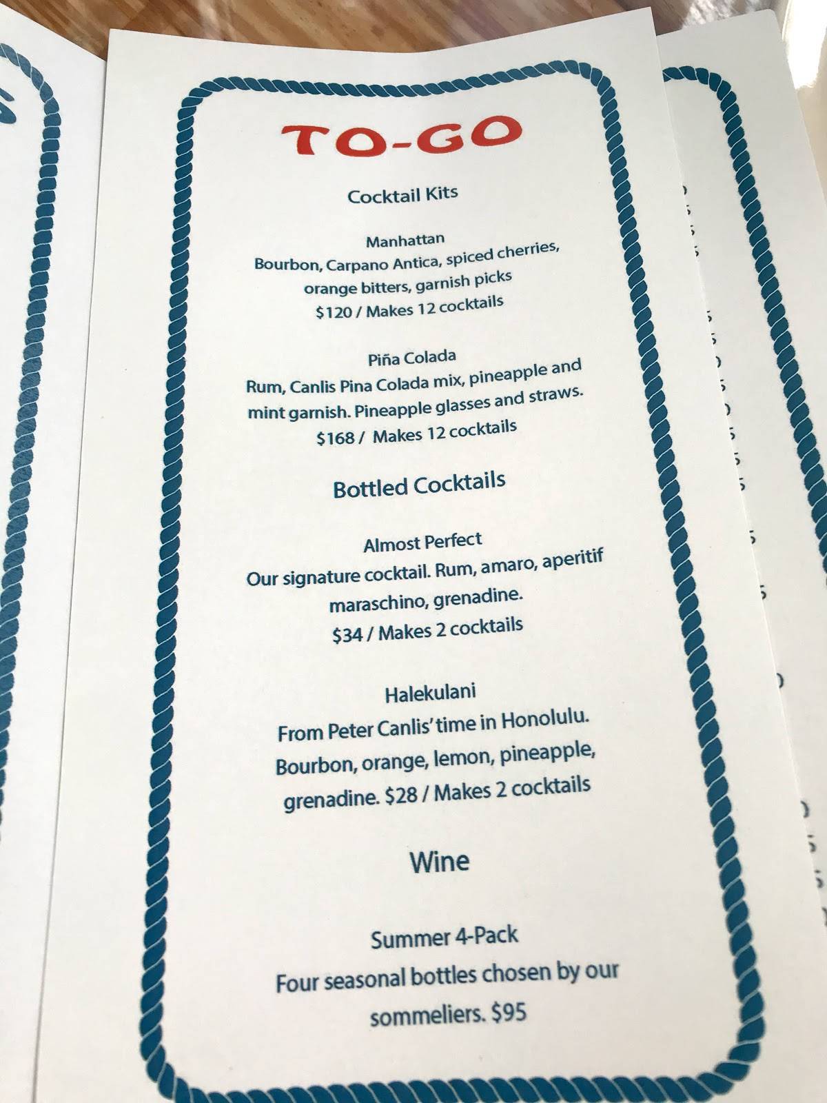 Menu at Canlis restaurant, Seattle