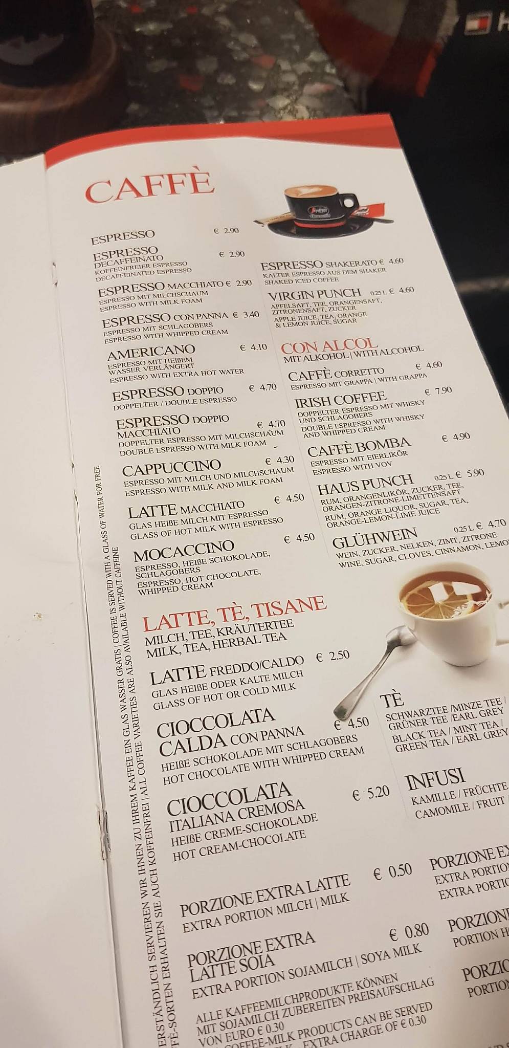 Menu at Segafredo. cafe, Vienna, Graben 29
