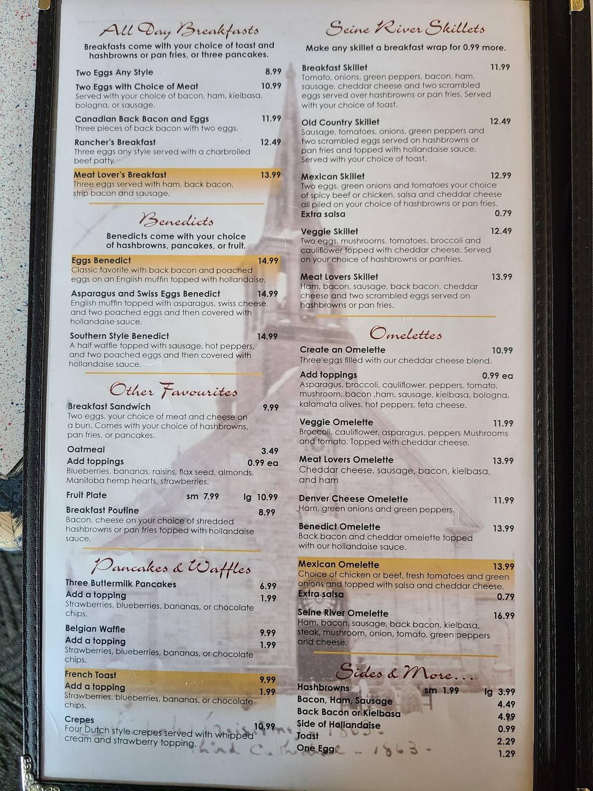 Menu at Seine River Cafe, Winnipeg