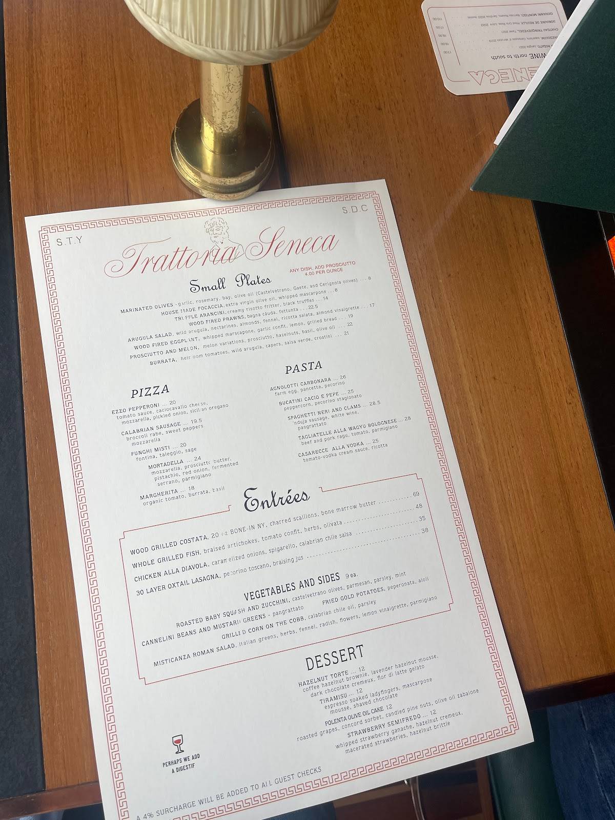 Menu at Seneca Trattoria restaurant, San Diego