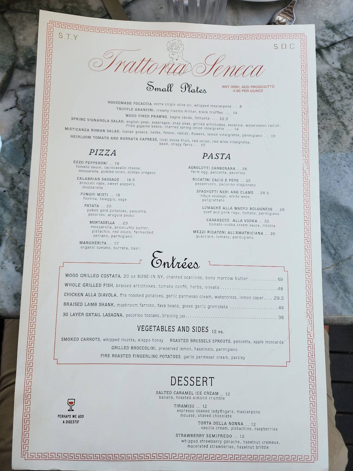 Menu at Seneca Trattoria restaurant, San Diego