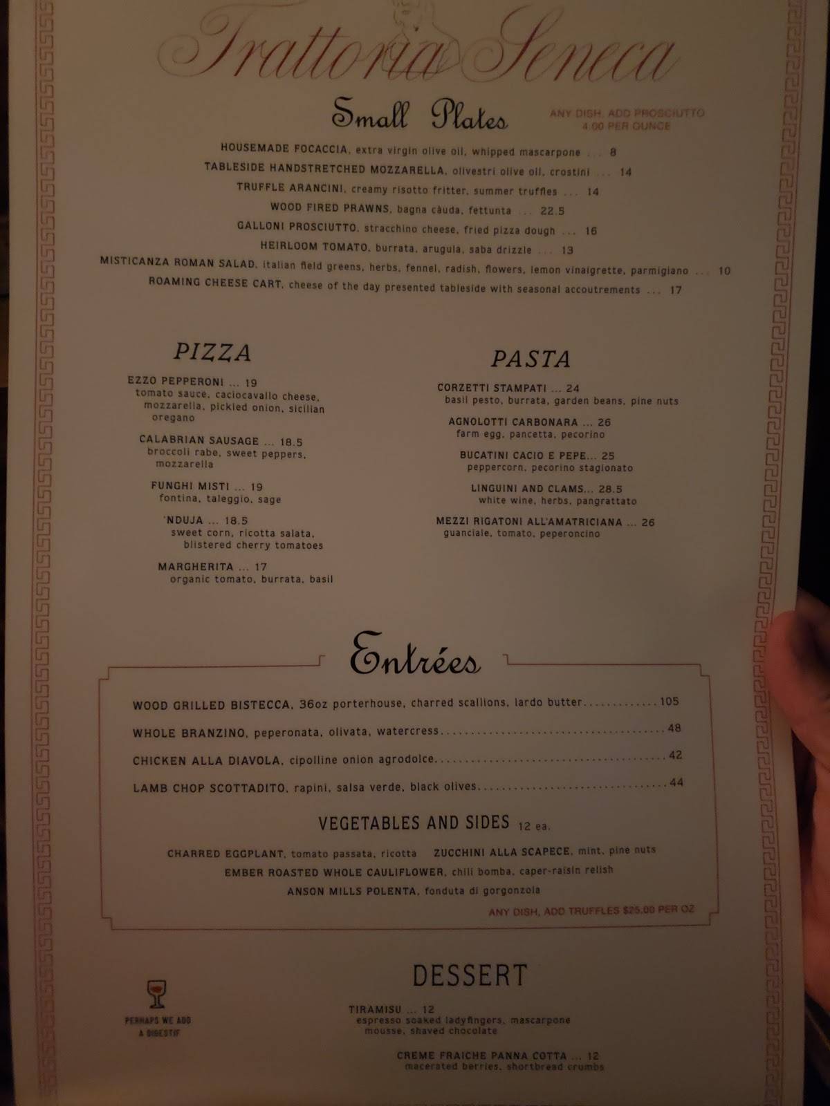 Menu at Seneca Trattoria restaurant, San Diego