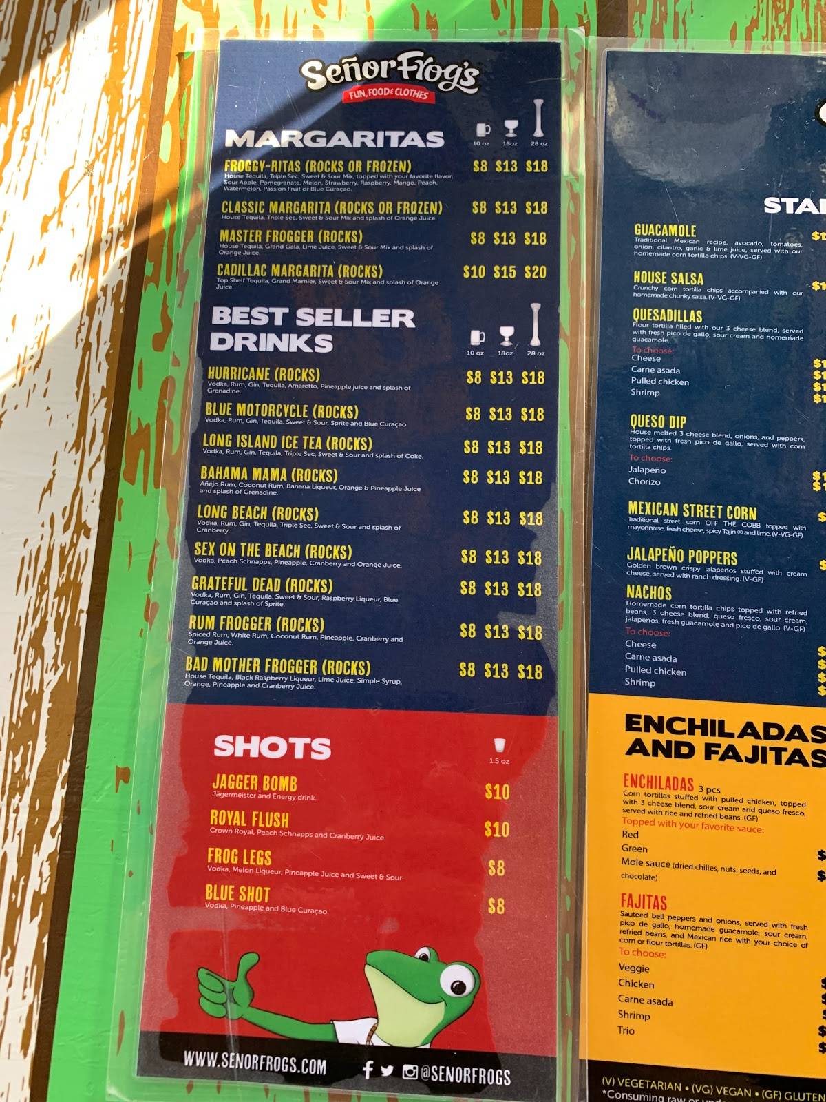 Menu at Señor Frog's Myrtle Beach pub & bar, Myrtle Beach