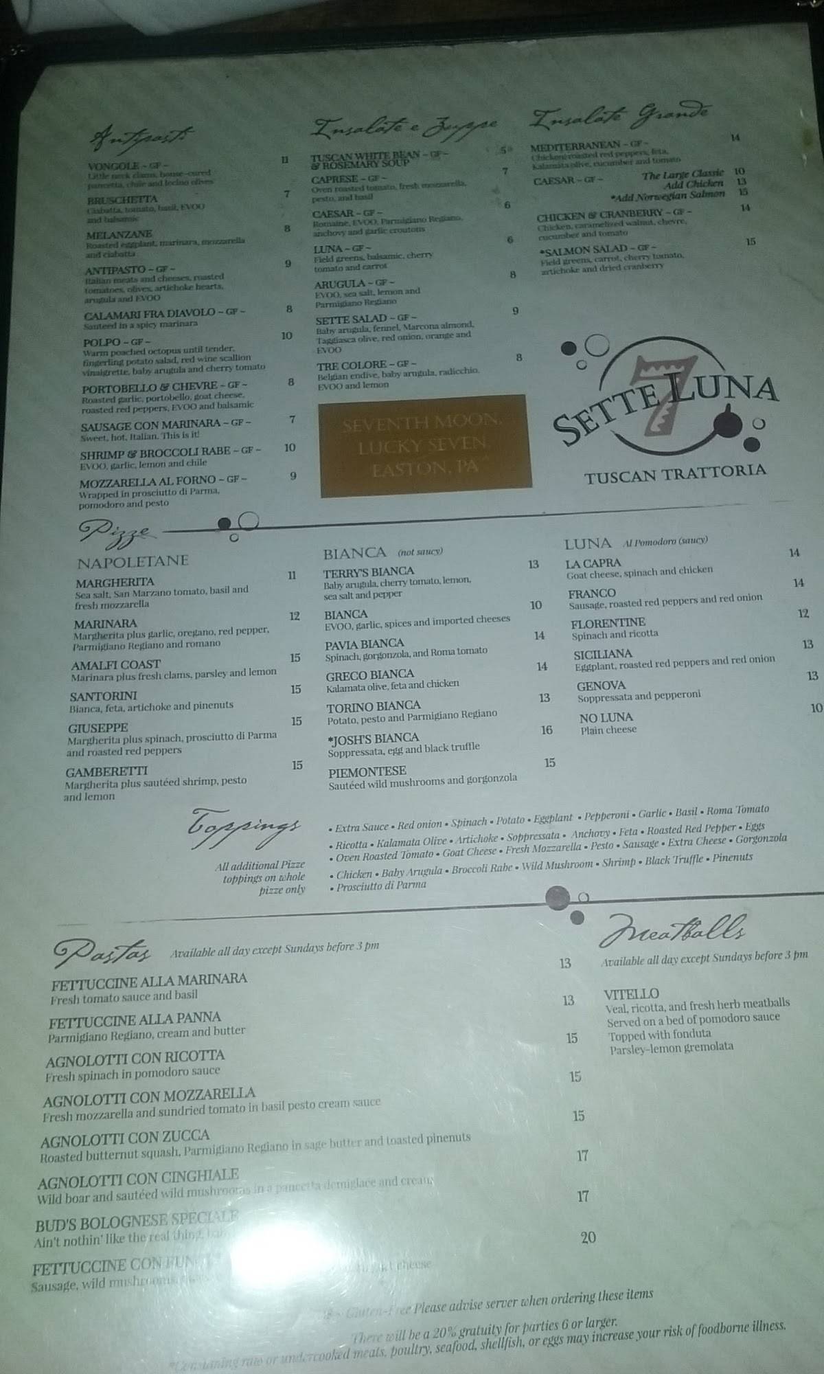 Menu at Sette Luna restaurant, Easton
