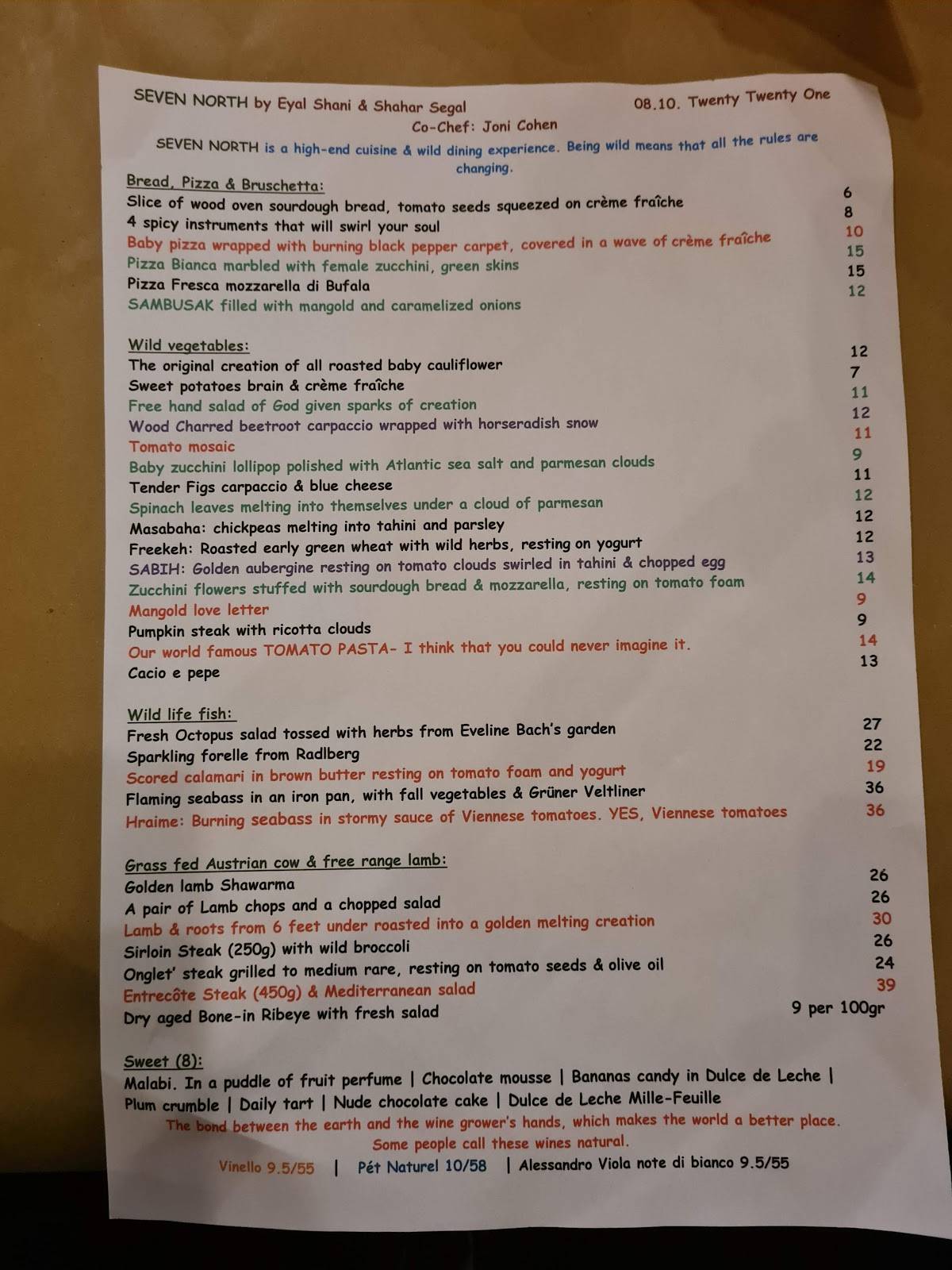 Speisekarte von Seven North restaurant, Wien