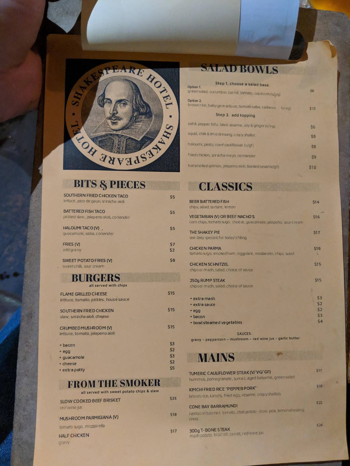 Menu at Shakespeare Hotel pub & bar, Surry Hills
