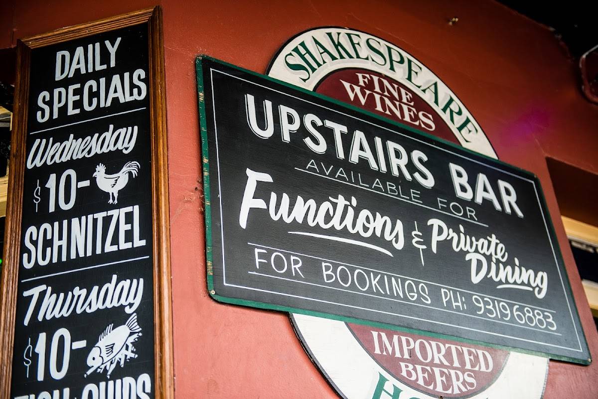 Menu at Shakespeare Hotel pub & bar, Sydney