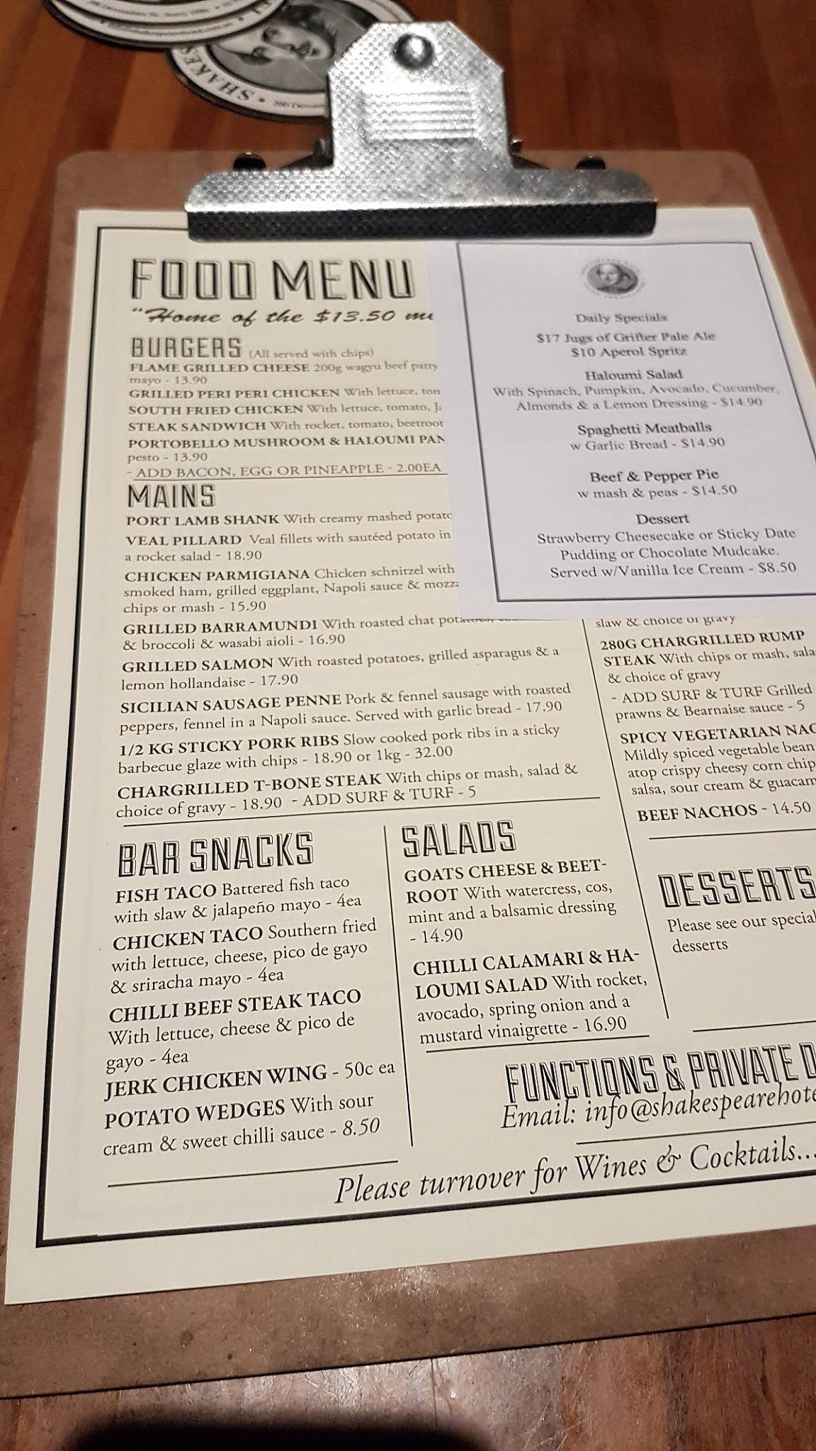 Menu at Shakespeare Hotel pub & bar, Sydney