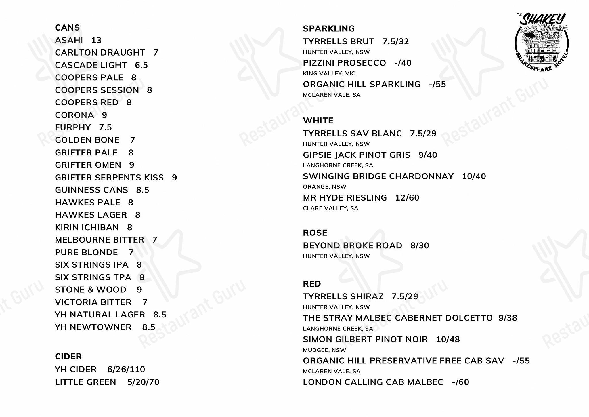 Menu at Shakespeare Hotel pub & bar, Sydney