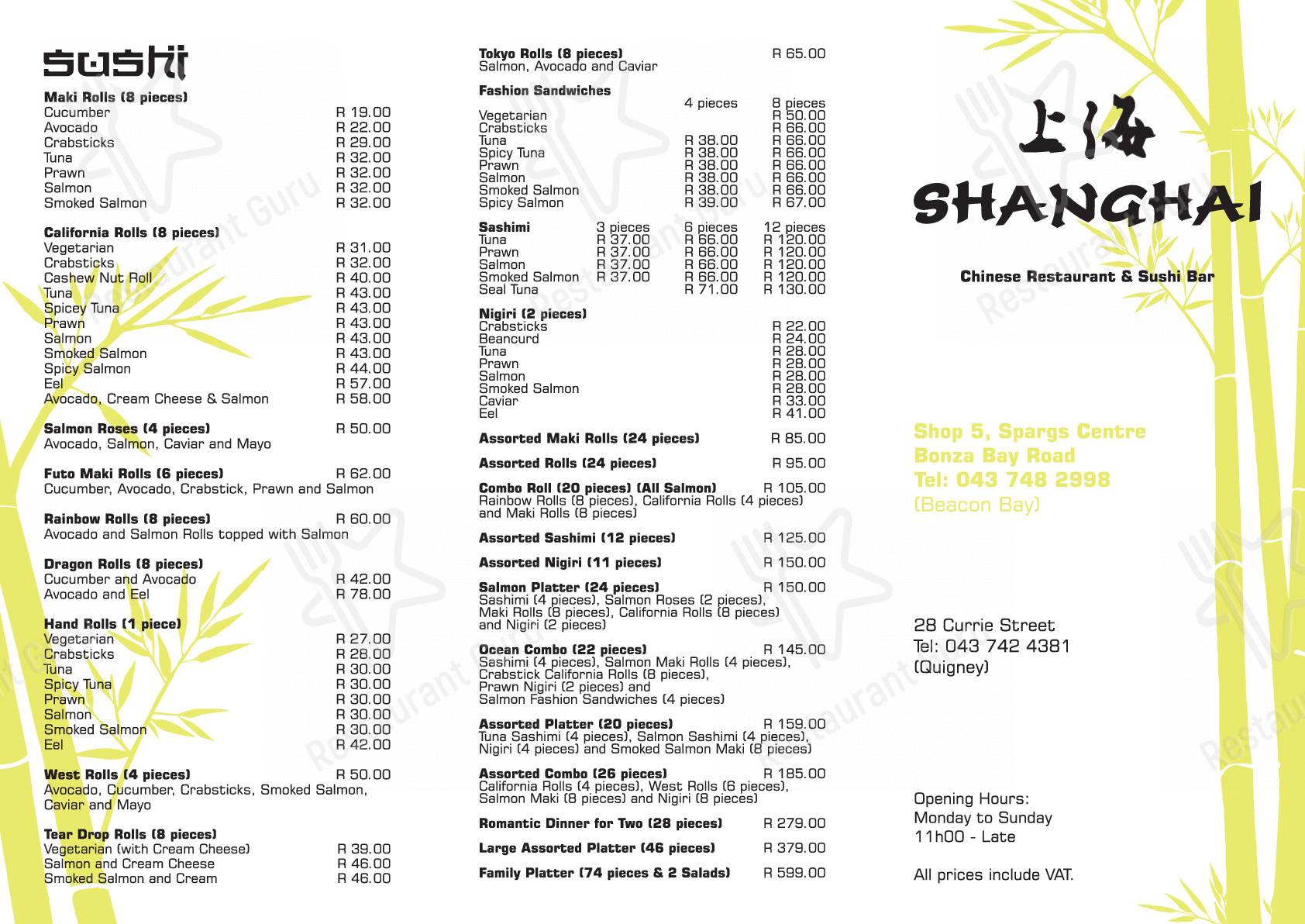 Carta de Shanghai Chinese Restaurant & Sushi Bar, East London, Spargs ...