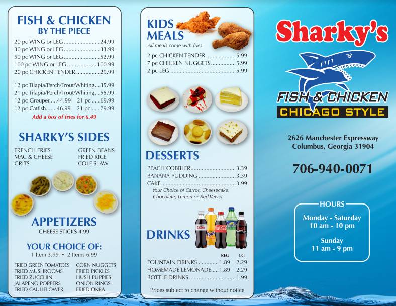 Menu at Sharky's Fish and Chicken restaurant, Columbus