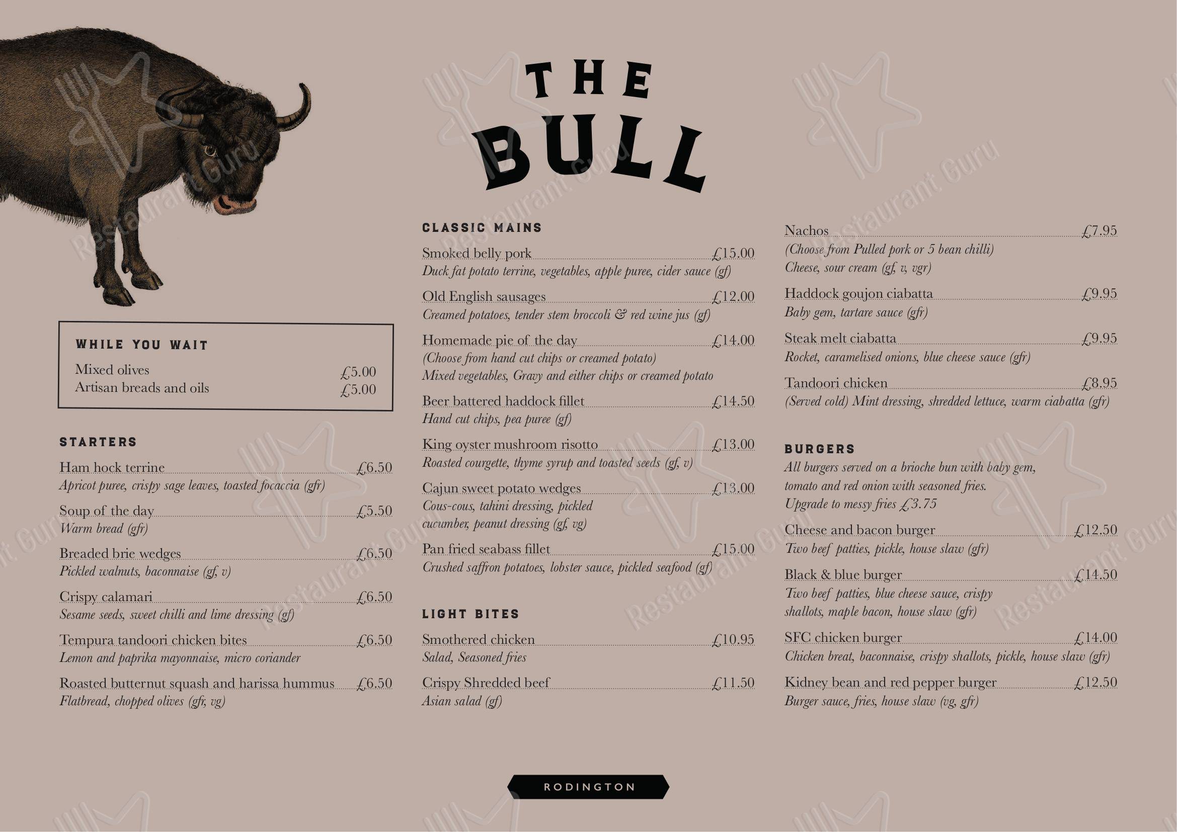 Menu at The Bull Rodington pub & bar, Shawbury