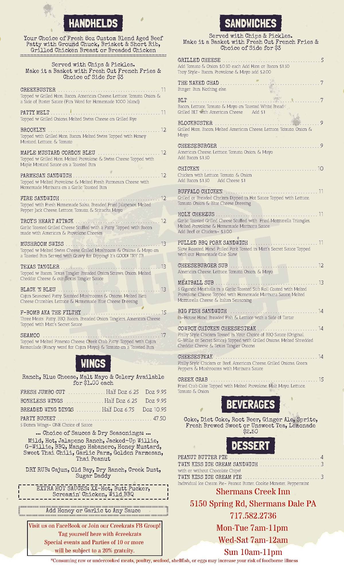 Menu at Shermans Creek Inn pub & bar, Shermans Dale