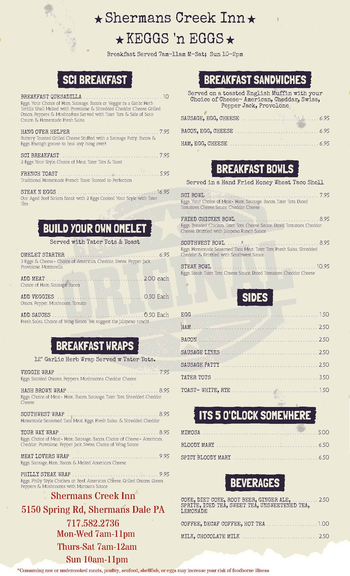 Menu at Shermans Creek Inn pub & bar, Shermans Dale