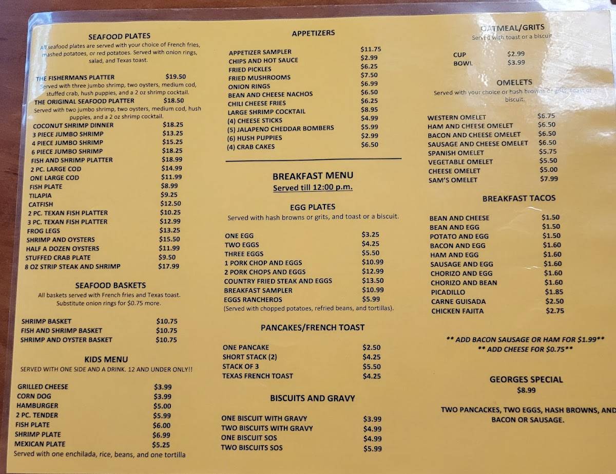 Menu at Sherry's Texan Seafood Restaurant, San Antonio, Pleasanton Rd
