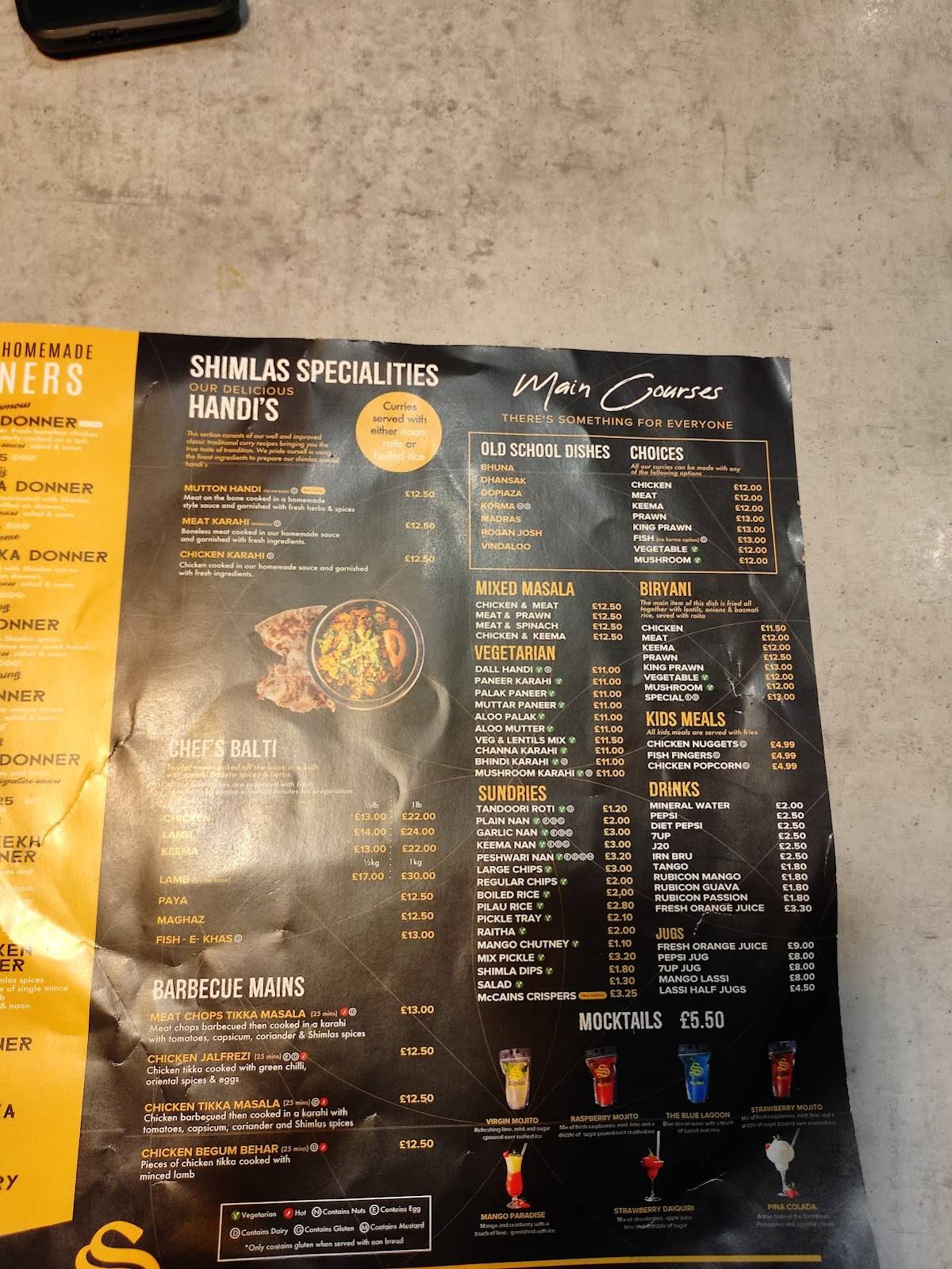 Menu at Shimlas leeds restaurant, Leeds