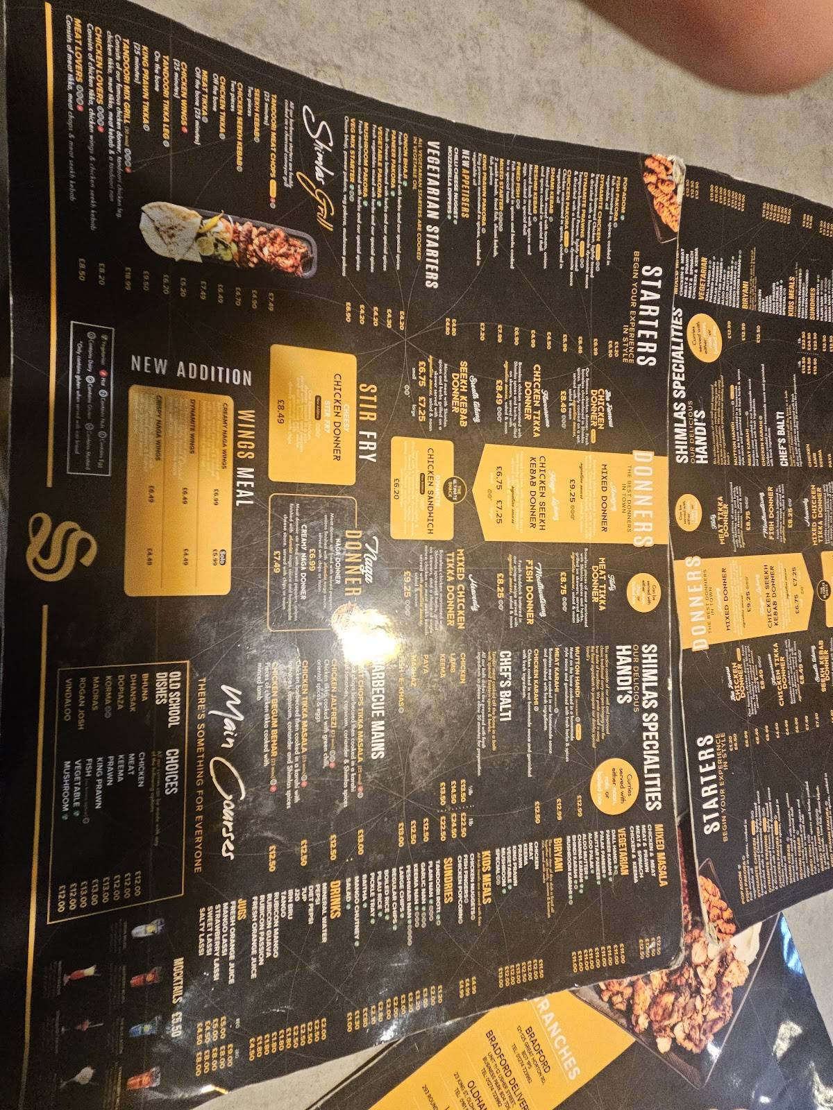 Menu at Shimlas leeds restaurant, Leeds