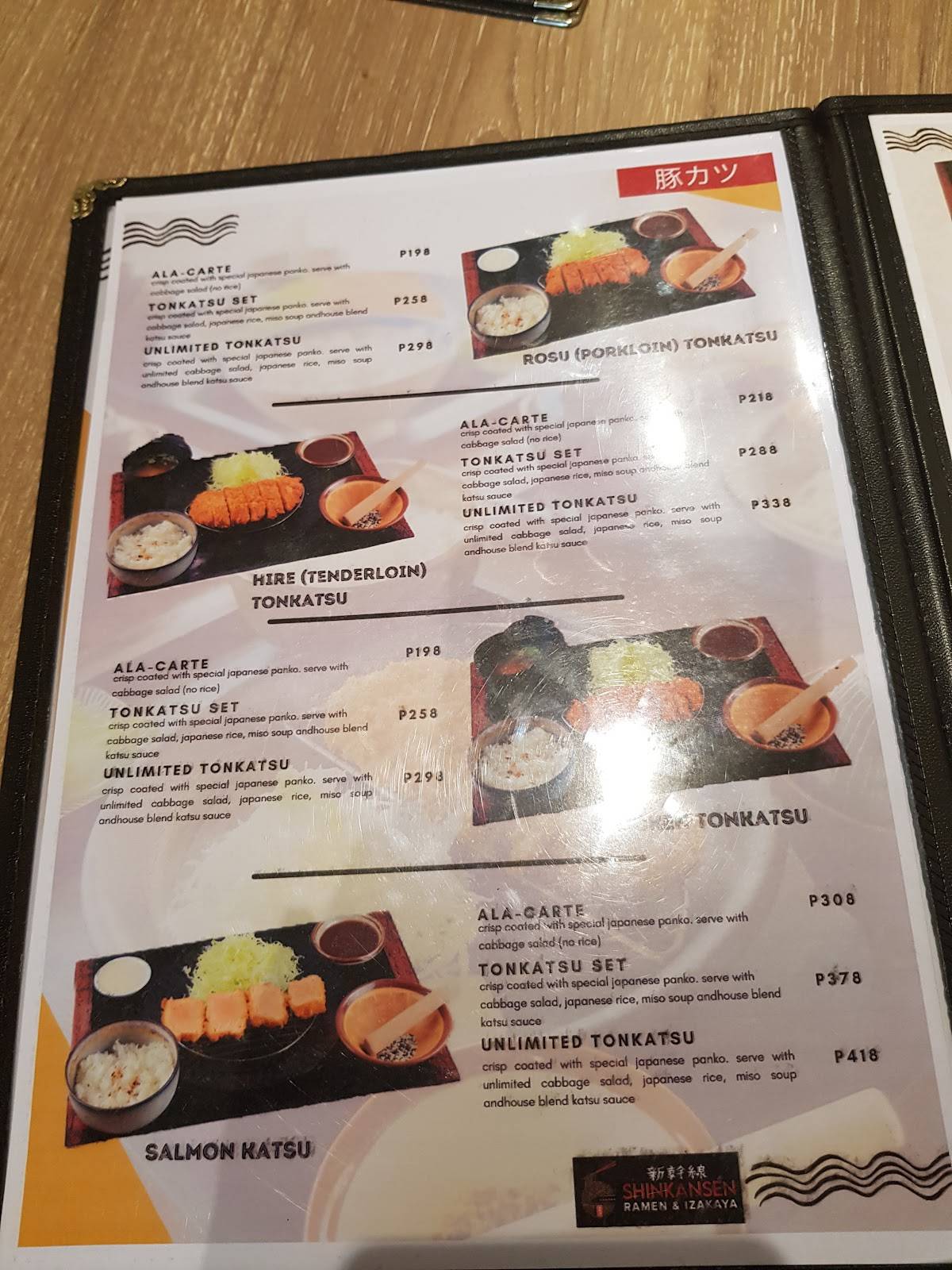 Menu at Shinkansen Ramen & Izakaya restaurant, Calamba