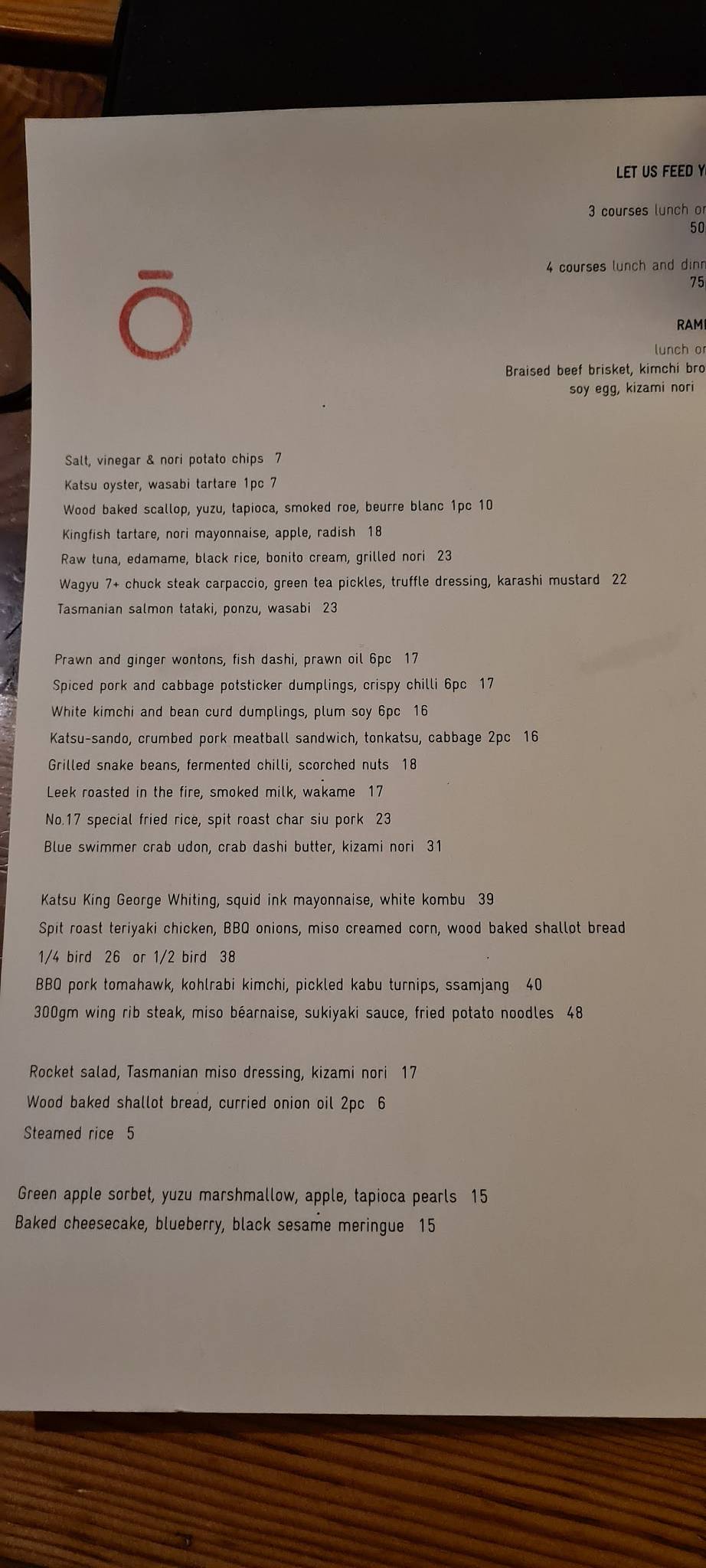 Menu at Shobosho restaurant, Adelaide