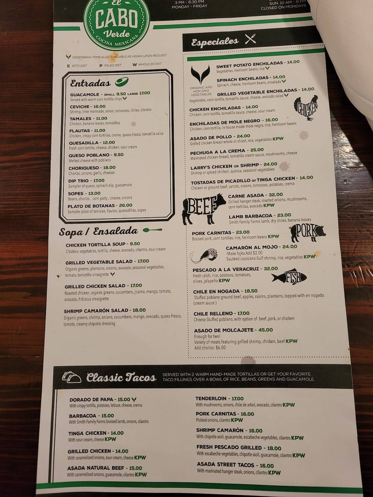 Menu at El Cabo Verde restaurant, Shreveport