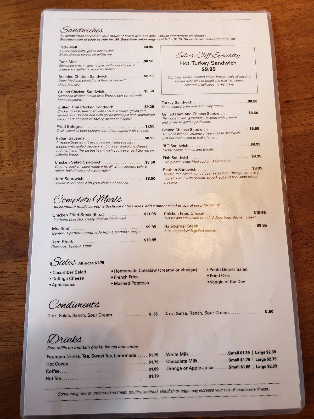 Menu at Silver Cliff Mountain Inn restaurant, Silver Cliff